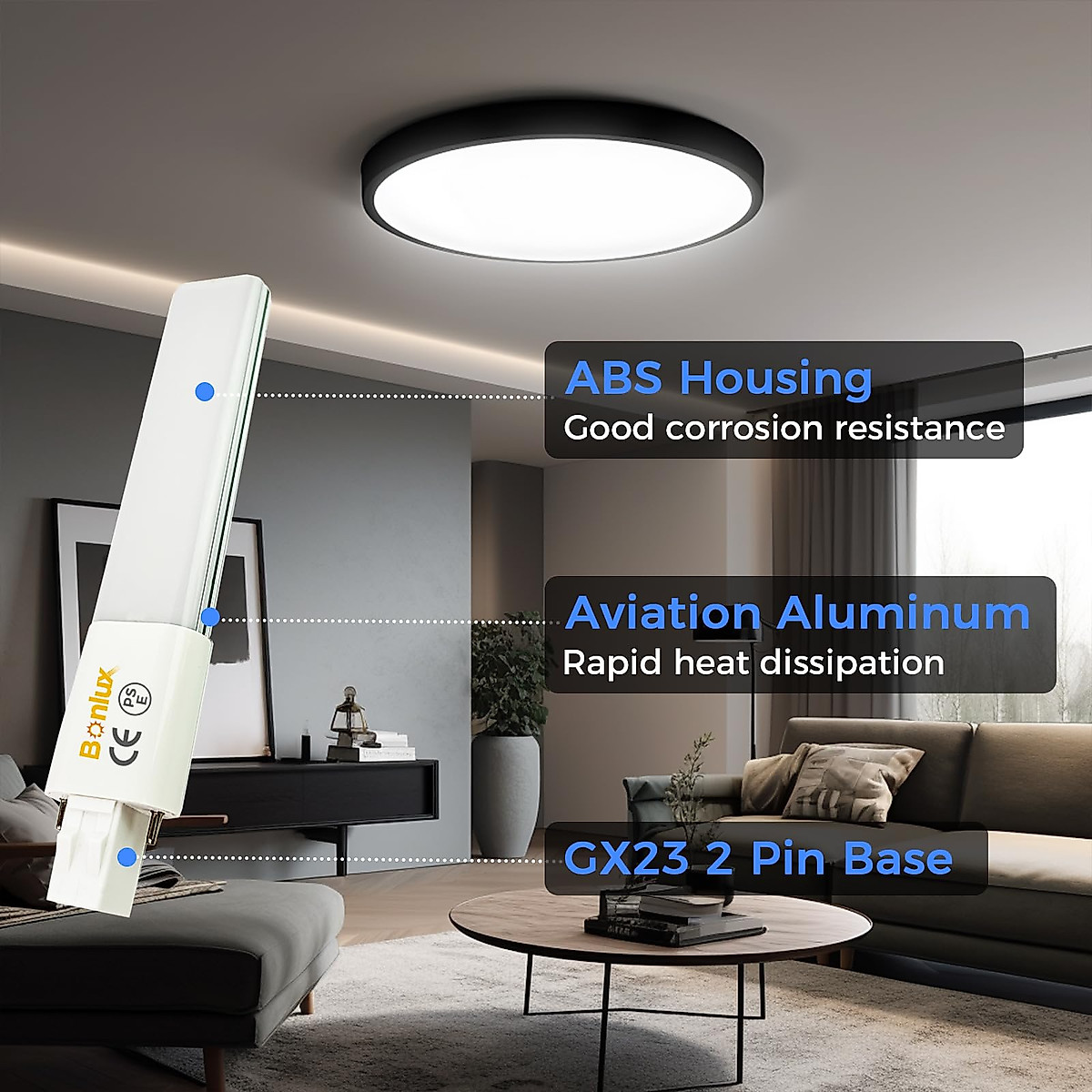 Bonlux 2-Pack 6W GX23 2-Pin LED PL Retrofit Lamp 13W GX23d CFL Replacement 180° Beam Angle Daylight 6000k LED PL Horizontal Recessed Down Light Bulb (Remove/Bypass The Ballast)