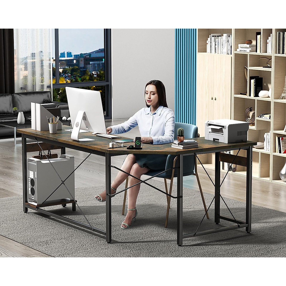 Coleshome 66" L Shaped Gaming Desk with Outlet, L Shaped Desk with CPU Stand, Corner Computer Desk, Home Office Desk, Writing Desk, Vintage