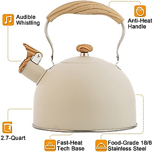 Vilihkc Tea Kettle 2.6 Liter Whistling Tea Kettle, Tea Pots for Stove Top Food Grade Stainless Steel with Wood Pattern Folding Handle, Loud Whistle Kettle for Tea, Coffee, Milk