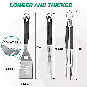 HAUSHOF Large Grill Accessories Heavy Duty BBQ Set Gifts for Men - Premium Stainless Steel Spatula, Fork & Tongs (16.5/16/16.5 in.), Barbecue Utensils Tool Kit Gift for Grilling Lover Outdoor