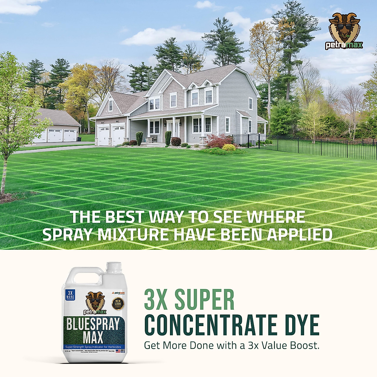 PetraMax Blue Herbicide Lawn Dye - Super Strength Concentrate 3X More Than Others, for Herbicides, Fertilizer & Weed Killer - Blue Mark Spray Indicator for Home and Commercial Sprayer Use (32 oz)