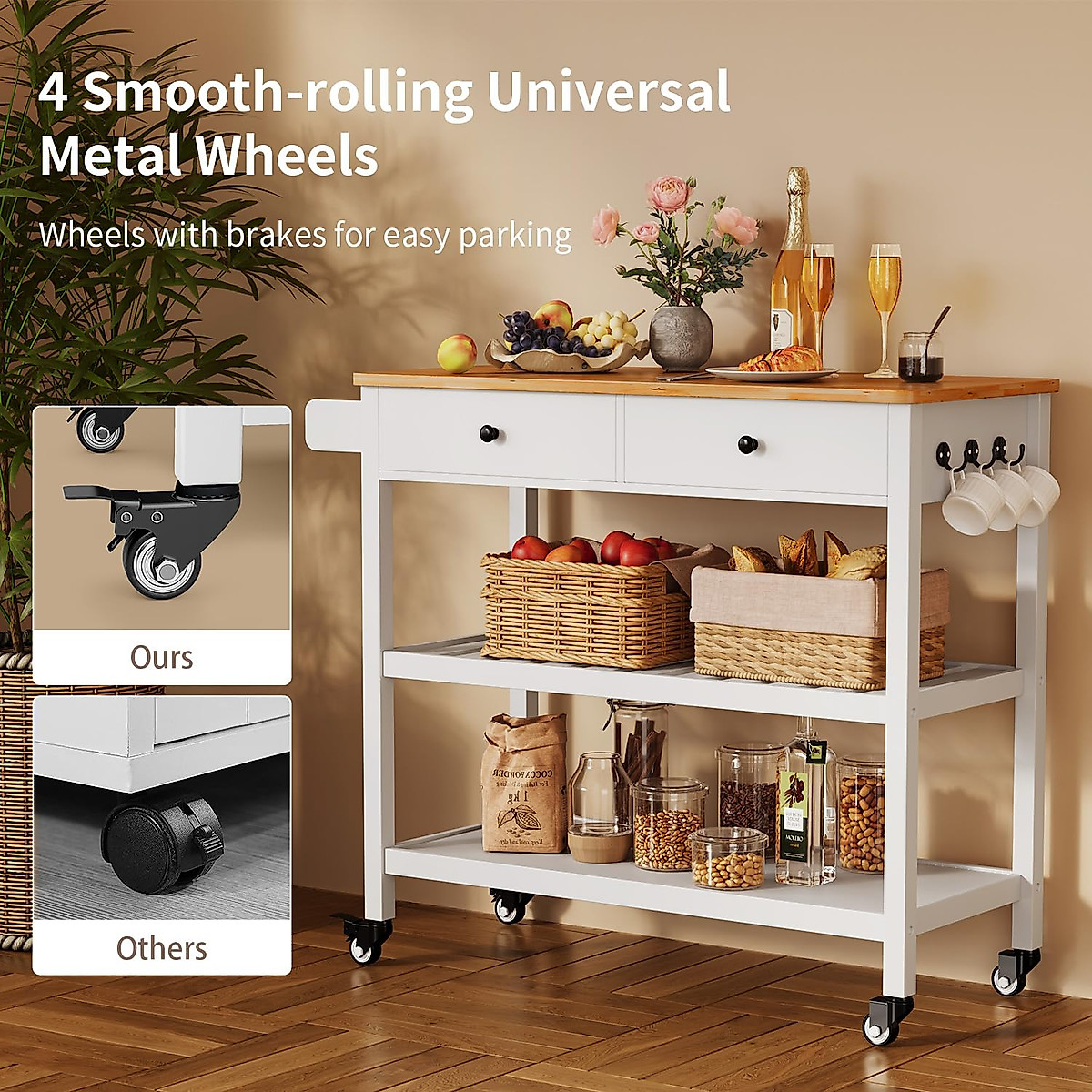 Gizoon Kitchen Island Cart on Wheels with 40'' Wood Tabletop, 2 Open Tiers Spacious Storage Shelves and Towel Rack, Rolling Utility Cart with 3 Side Hooks and 2 Drawer for Dining Room, Bar, White