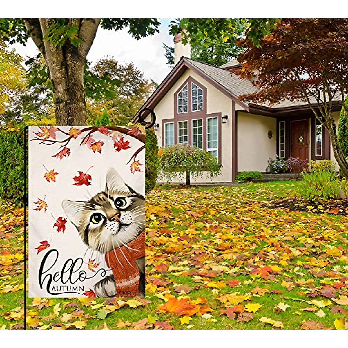 Fall Cat Garden Flag 12x18 Vertical Double Sided Hello Autumn Maple Leaves Thanksgiving Outside Decorations Burlap Yard Flag BW197