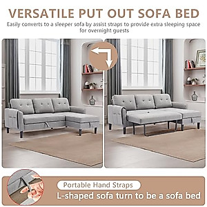 HUMEHA Convertible Sleeper Sofa, Linen Reversible Sleeper Sectional Sofa with Storage Chaise, Modern Upholstered Pull Out Sofa Bed, L Shaped Sofa Couch for Living Room Bedroom, Light Gray
