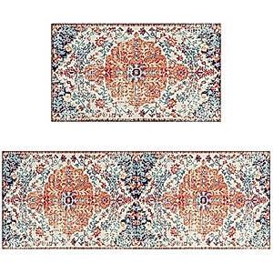 Boho Style Kitchen Rugs and mats Set of 2,Farmhouse Kitchen Mat for Sink,Non Slip Absorbent Stain Resistant Floor Mat for Kitchen Laundry Room Rug Area Runner Rug Orange