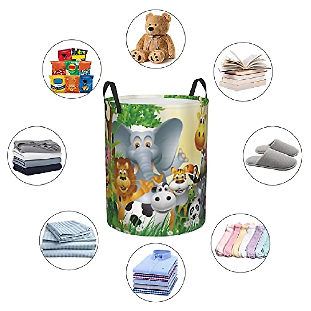 Laundry Basket,Animals In Jungle Elephant Giraffe Panda Bear Pig Lion Hippo Animation Cartoon Art,Large Canvas Fabric Lightweight Storage Basket/Toy Organizer/Dirty Clothes Collapsible Waterproof For College Dorms-Large