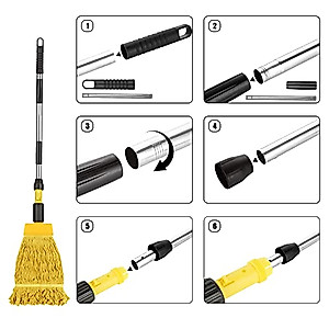 AKOLAFE Industrial Mop 3-Section Commercial Mop with 2Pcs Looped-End Mop Heads Floor Mop with Detachable Handle Clamp Cotton String Mops for Floor Cleaning Hardwood Marble Tile Laminate (Blue&Yellow)