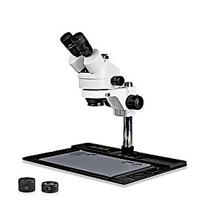 Vision Scientific VS-10FZ-IFR07 Simul-Focal Trinocular Stereo Zoom 7x-45x Microscope with Barlow Lens, 144-LED Ring Light, Repair and Maintenance Platform for Soldering and, Cell Phone Repair