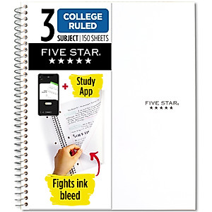 Five Star Spiral Notebook + Study App, 3 Subject, College Ruled Paper, 11" x 8-1/2", 150 Sheets, White, 1 Count (72464)