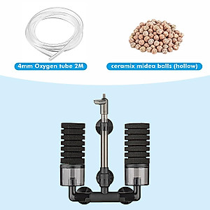 DEGGOX Aquarium Sponge Filter for 10-20 Gallon Fish Tank, Double Sponge with Ceramic Media Ball, for Fry Betta Shrimp Nano Tank,with 2 Spare Sponges and 1.5M Tube （Air pump purchased separately