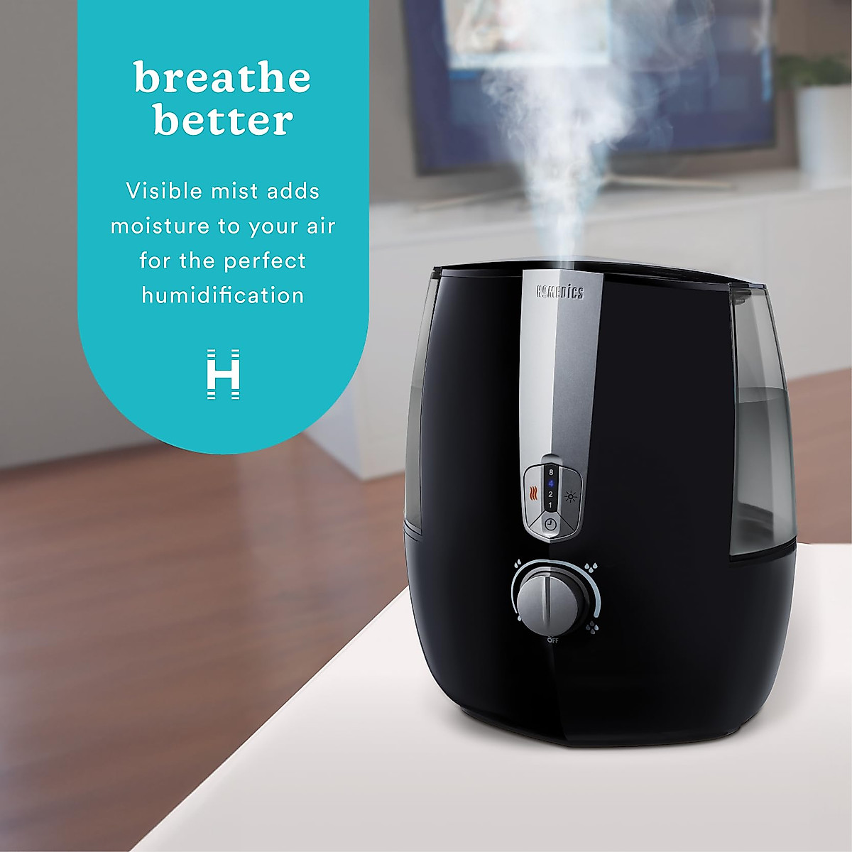 Homedics TotalComfort Plus Humidifier – Large Air Humidifiers for Bedroom, Plants – Top-Fill 5.3L Water Tank with Cool and Warm Mist, Essential Oil Pads, Colored Night-Light, Black