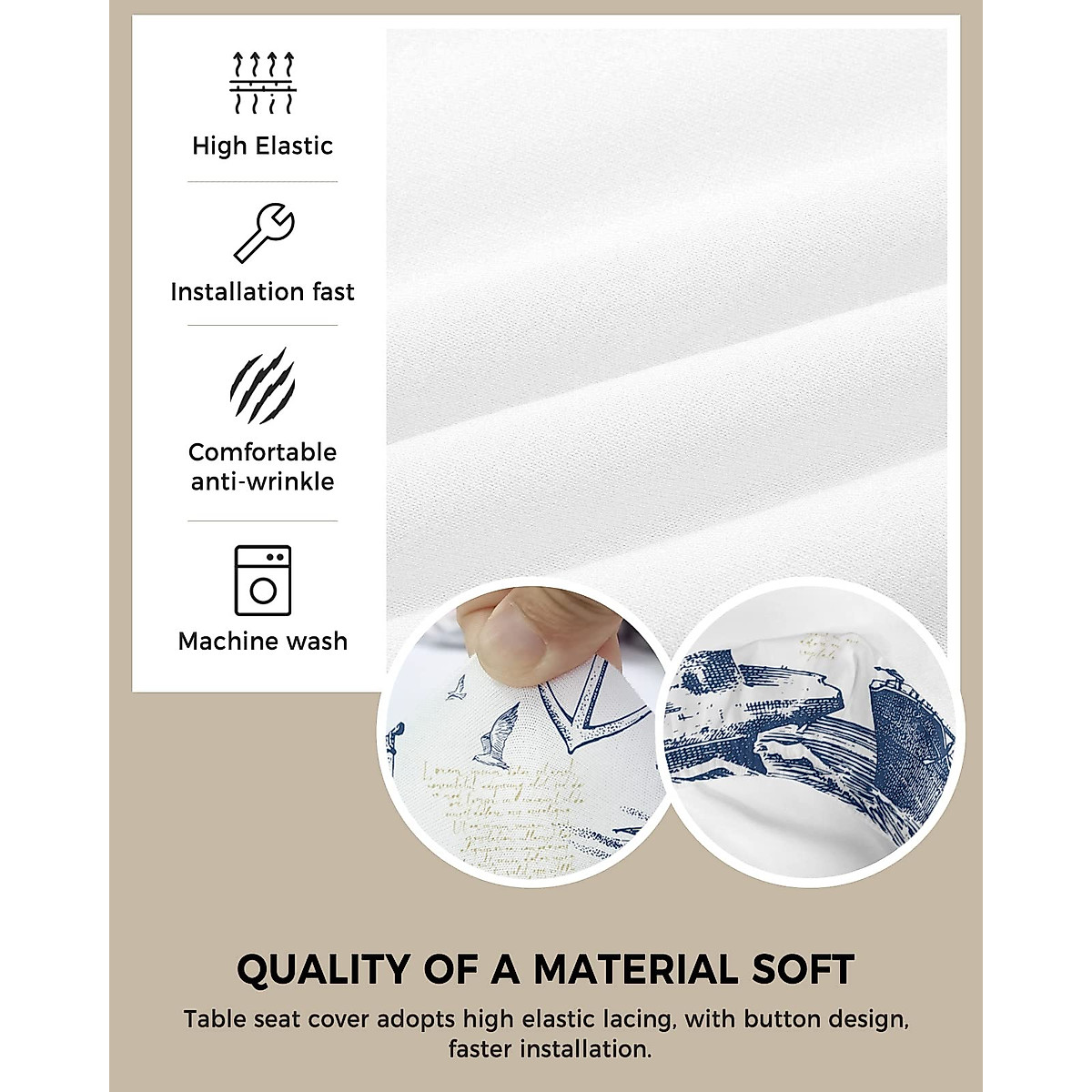 Ocean Nautical Seat Covers for Dining Chairs, Stretch Kitchen Chair Slipcovers, Retro Blue Sea Coastal Lighthouse Boat Dining Room Chair Covers Removable Office Chair Cover Protector Set of 2