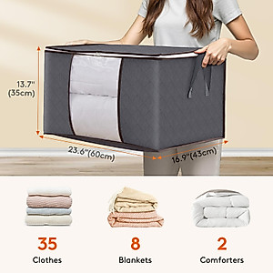 Lifewit Large Capacity Clothes Storage Bag Organizer with Reinforced Handle Thick Fabric for Comforters, Blankets, Bedding, Foldable with Sturdy Zipper, Clear Window, 3 Pack, 90L, Grey