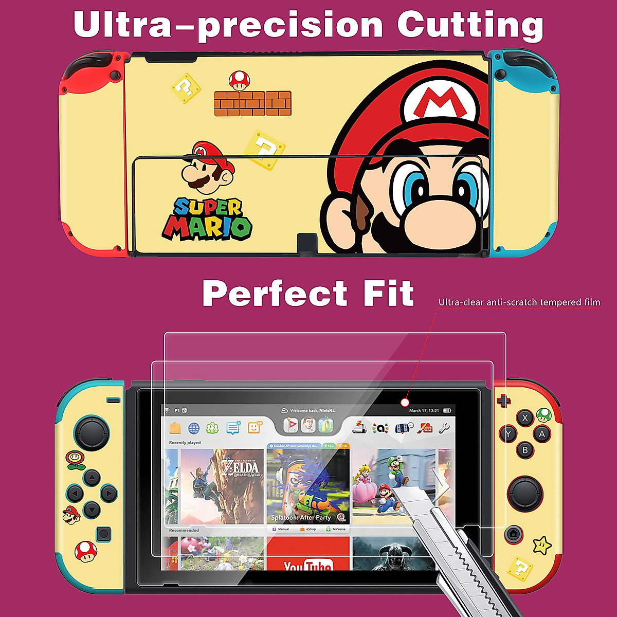oqpa for Nintendo Switch OLED 2021 Skins Stickers for Girls Boys Kids Cute Kawaii Anime Cartoon Character Fun Decals with Tempered Glass Screen Protector for Nintendo Switch OLED(Head Malio)