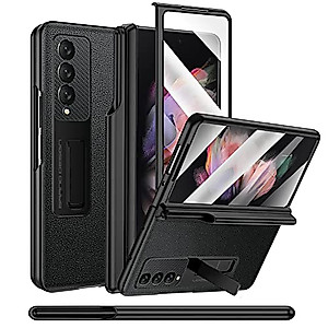 for Samsung Galaxy Z Fold 3 Case with S Pen Holder & Hinge Protection & Kickstand, Built-in Screen & Camera Lens Protection, Non-Slip Durable Leather Cover for Samsung Fold 3 5G 2021