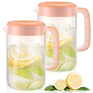 2Pcs Plastic Pitcher with Lid Large Clear Water Carafe Jug Ice Tea Pitcher Lemonade Juice Beverage Jar with Strainer Cover Handle Measurements for Hot Cold Coffee Drink (Pink,1 Gallon/4L)