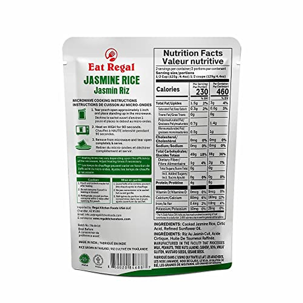 Eat Regal Thai Jasmine Rice In Hood & Tray, Ready To Eat in 90 Seconds, Microwavable in just 90 Seconds, Nutritious & Delicious 8.8 Ounce (Pack of 8)