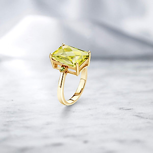 Gem Stone King 18K Yellow Gold Plated Silver Yellow Lemon Quartz and Green Peridot Ring For Women (6.95 Cttw, Emerald Cut Checkerboard 14x10MM, Gemstone Birthstone, Available In Size 5, 6, 7, 8, 9)