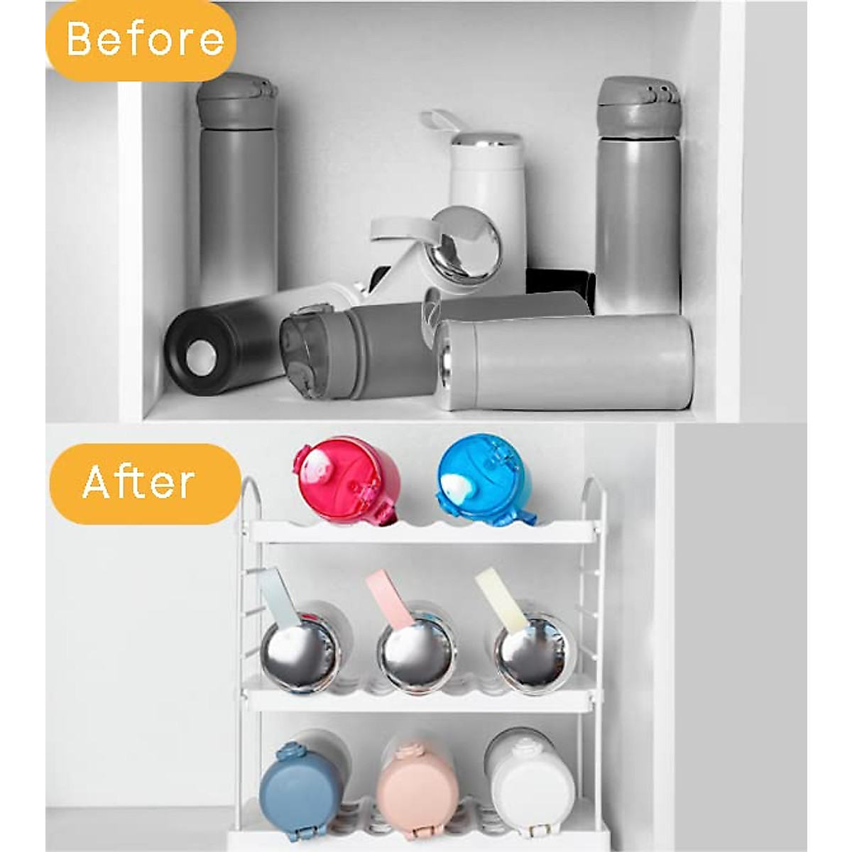 BYCY Water Bottle Organizer 3-Tier Plastic Cups Holder for Kitchen Countertops, Pantry, Cabinet, Water Bottle Storage Rack for Tumbler Sports Flask Insulated Travel Mug