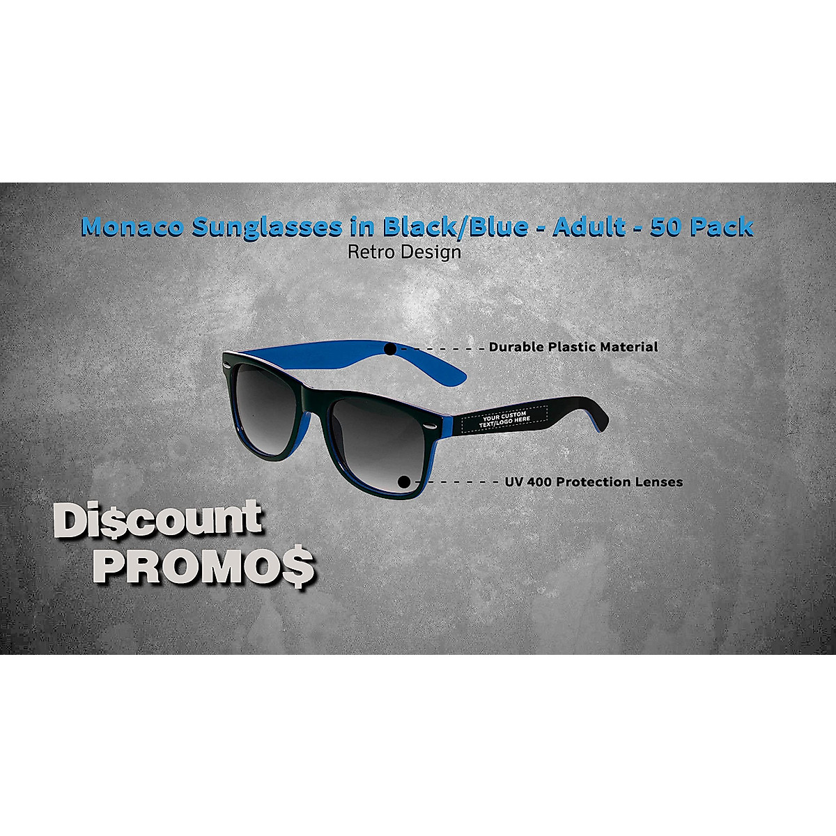 DISCOUNT PROMOS Custom Monaco Sunglasses Set of 100, Personalized Bulk Pack - Reusable, Perfect for Party, Beach, Pool, Outdoor Events - Black Blue