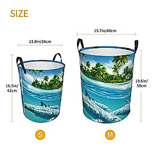 Underwater Sea Dolphin Large Laundry Basket, Laundry Hamper with Handle Collapsible Dirty Clothes Hamper Round Storage Basket for Bedroom Clothes Storage