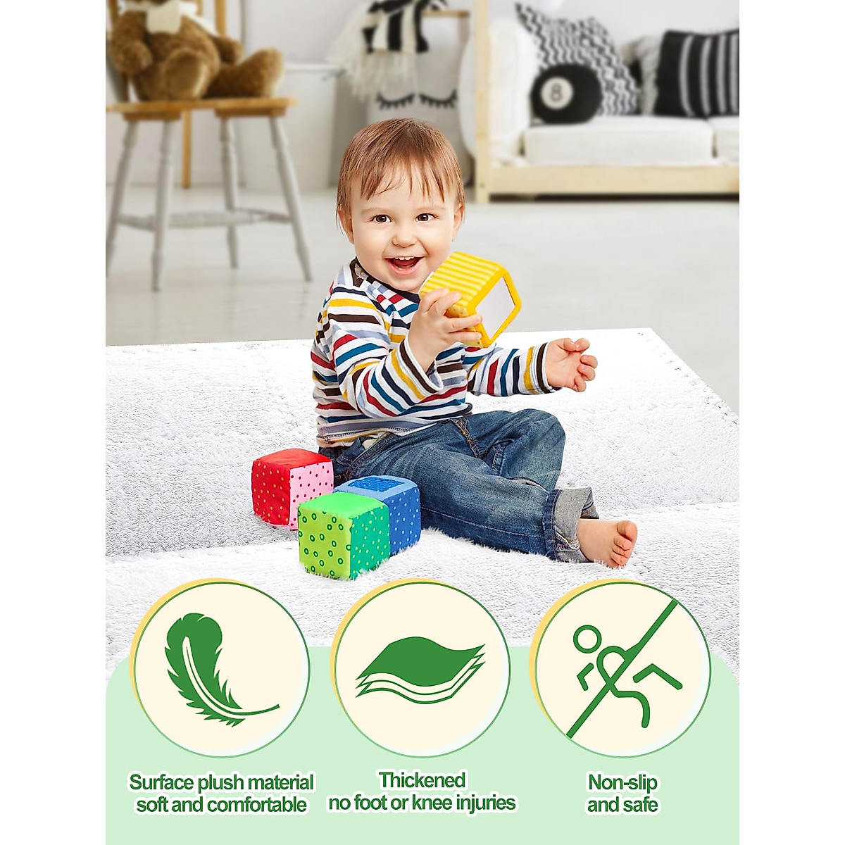 12 pcs Thickened Plush Foam Interlocking Floor Mat, Interlocking Foam Tiles with Edgings for Baby, Soft Anti-Slip Puzzle Area Square Rug Playmat for Children Room Bedroom(11.8", White)