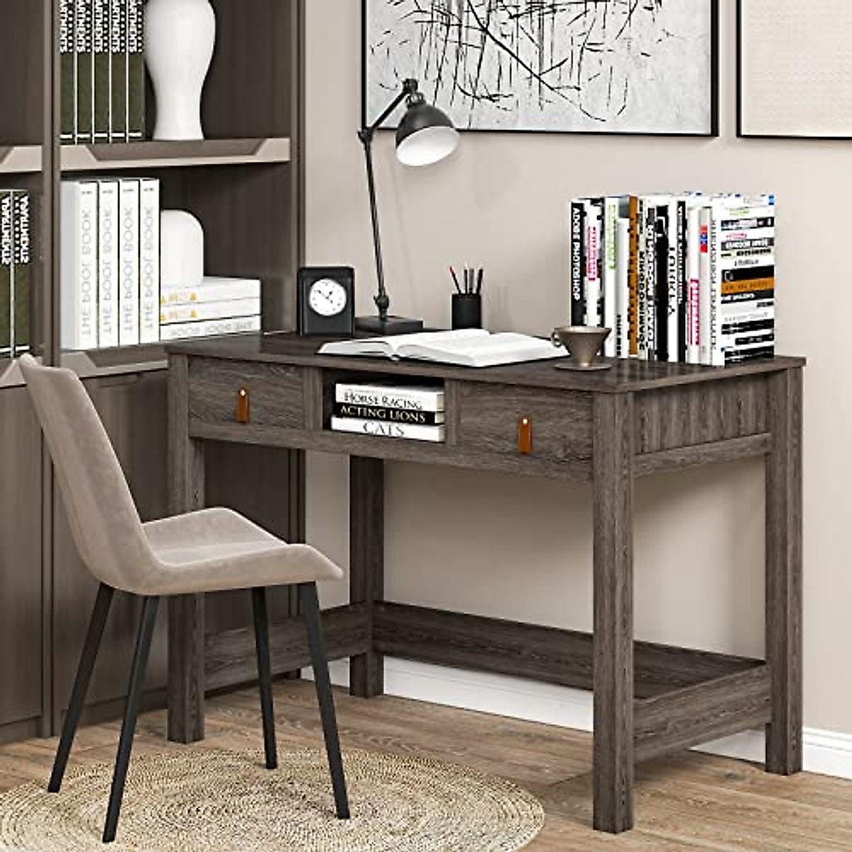 Tangkula Mid-Century Computer Desk with 2 Storage Drawers, Modern Home Office Desk with Storage Cubby, Study Writing Desk, Compact Laptop PC Desk Workstation, Wooden Vanity Desk for Bedroom (Grey)
