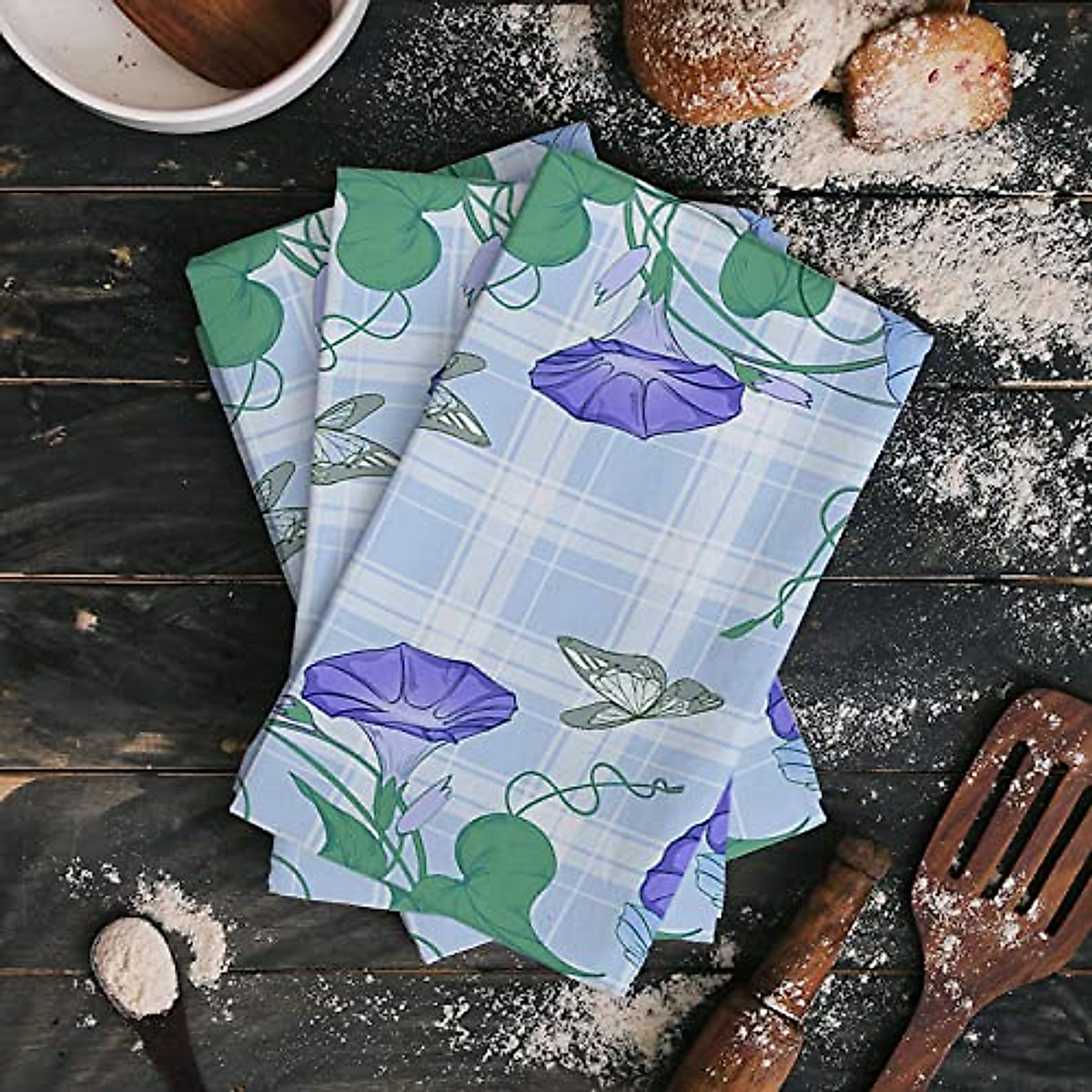 Garden Butterfly Morning Glory Vine Kitchen Cloth Dish Towel 18x28in Pack of 1,Super Soft Absorbent Tea Towels Hand Towel Flower on Blue Lattice Grid Cleaning Dish Cloths for Drying Dishes