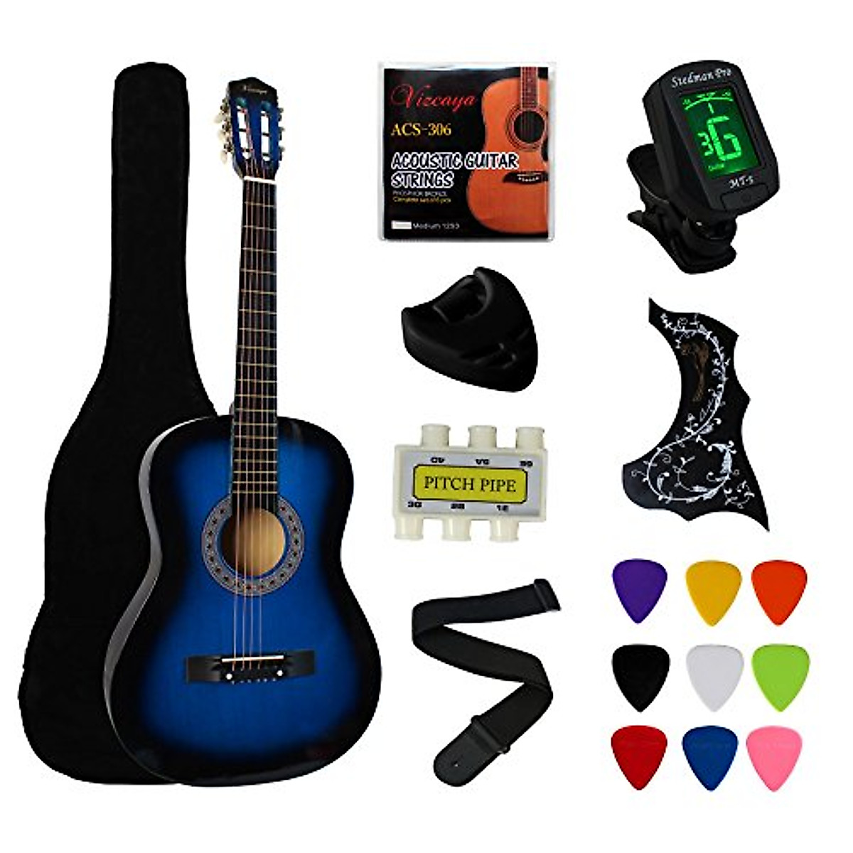 YMC 38" Blue Beginner Acoustic Guitar Starter Package Student Guitar with Gig Bag,Strap, 3 thickness 9 Picks,2 Pickguards,Pick Holder, Extra Strings, Electronic Tuner -Blue