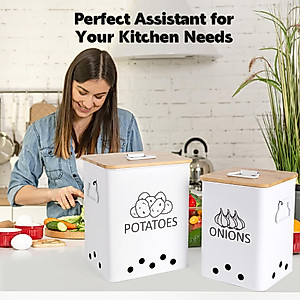 Potato and Onion Storage Bin, Set of 2 Vegetable Storage Tins with Wooden Lids & Side Handles, Dual-row Ventilation Holes, Farmhouse Metal Kitchen Canisters Sets, White