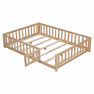 KTVTK Full Size Floor Platform Bed with Door and Fence & Wood Slats, Wooden Montessori Bed-Frame W/Support Slats for Children,Kids,Girls,Boys,Natural