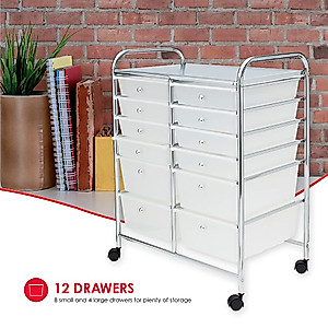 Home Basics 12 Drawer Storage Cart | White | Great for Office | Portable with Multi Size Drawers | Organize Crafts | Castor Wheels