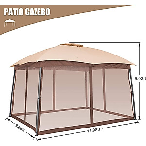 Gazebos for Patios with 4 Sand Bags, Outdoor Gazebo Tent with Netting Screen Walls, Heavy Duty Gazebo Canopy with 120 Square Feet of Shade for Garden, Backyard Deck, and Lawns (Khaki)