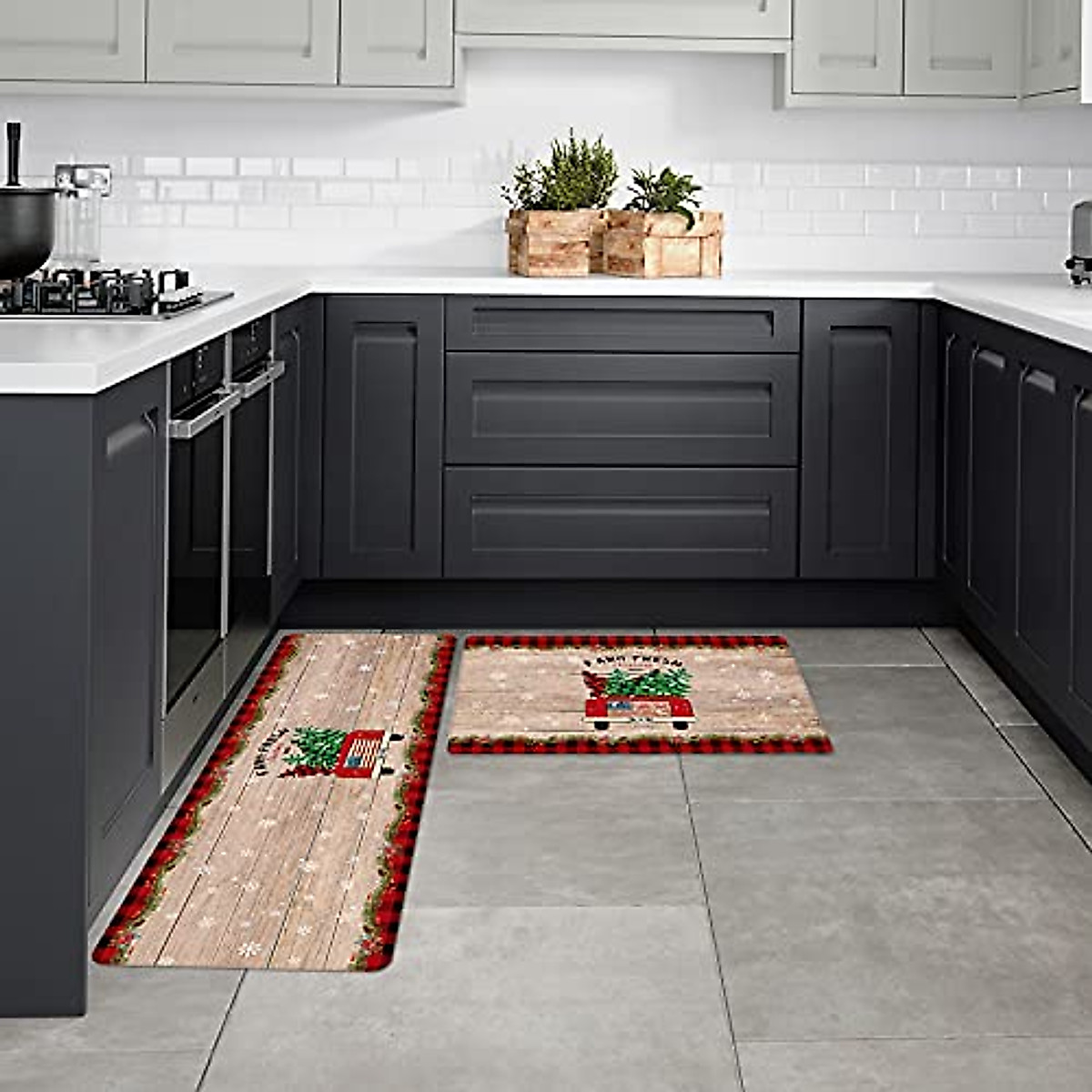 Kitchen Mat Rug Set of 2 Christmas Red Truck Xmas Tree Wood Grain Black Plaid Runner Rug Anti-Fatigue Comfort Memory Foam Standing Mat Non-Slip Floor Door Mat for Bathroom Bedroom 20x32in+20x63in