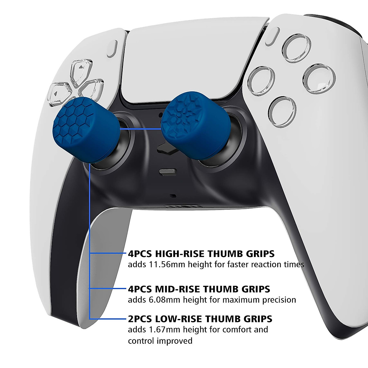 PlayVital Blue Ergonomic Stick Caps Thumb Grips for PS5/4, Xbox Series X/S, Xbox One, Xbox One X/S, Switch Pro Controller - with 3 Height Convex and Concave - Diamond Grain & Crack Bomb Design