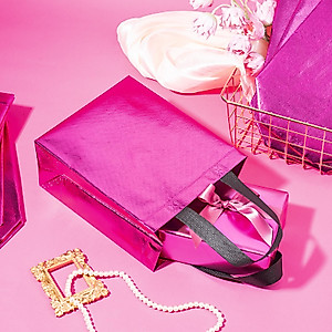 WRAPAHOLIC 12 Pack Reusable Hot Pink Gift Bag with Handles - Medium Size 8 x 4 x 10 inch - Perfect for Baby Gift Bags, Shopping Bag, Goodie Bags, Party Favor Bags