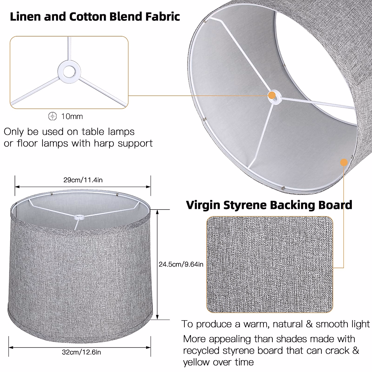 Lamp Shades Set of 2, Lamp shades for Table/Floor Lamps, Fabric Drum Lamp shades 11.4" Top x 12.6" Bottom x 9.8" High(Spider Fitter),Natural Linen Lamp shades Hand Crafted, Easy Assembly