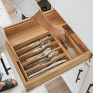 KitchenEdge Premium Silverware, Flatware and Utensil Organizer for Kitchen Drawers, Food-Safe Contract Grade, Expandable from 10.5 to 19 In, Natural Bamboo