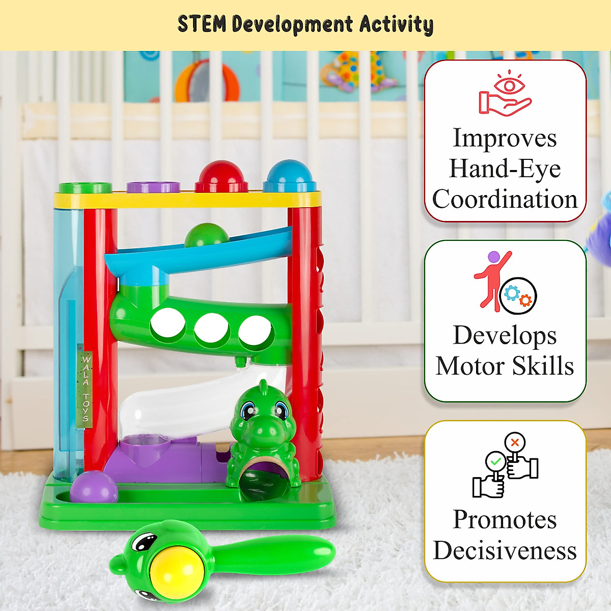 WALA - Pound a Ball Dinosaurs Toy - Super Durable Toddler Girls and Boys Toys - Comes with Ball Tower, Ball, Hammer, and 7 Dinosaur Toys for Kids - Educational Baby Hammer Toy - STEM Development