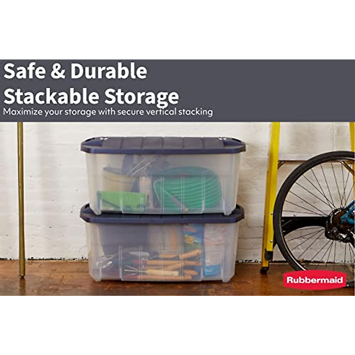 Rubbermaid 28 Gallon Jumbo Clear Tote, Stackable, Large Capacity, Home, Garage, and Office Storage Organizers, Durable Snap-Tight Lids, Clear Bins/Dark Indigo Metallic Lids, Pack of 2