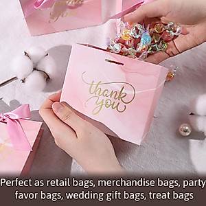 Shindel 16PCS Small Thank You Gift Bags, Mini Party FavoR Bags Pink Candy Bags Treat Boxes Paper Gift Bags with Bow Ribbon for Wedding Bridal Baby Shower Birthday Party