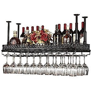 LAJUU Wine Racks,European Pattern,Hanging Wine Glass Rack,Vintage Wine Shelf Wine Bottle Holder,Rustic Wine Holder Stemware Holder Adjustable Height for Living Room Restaurants Bars/Black/100 * 35Cm