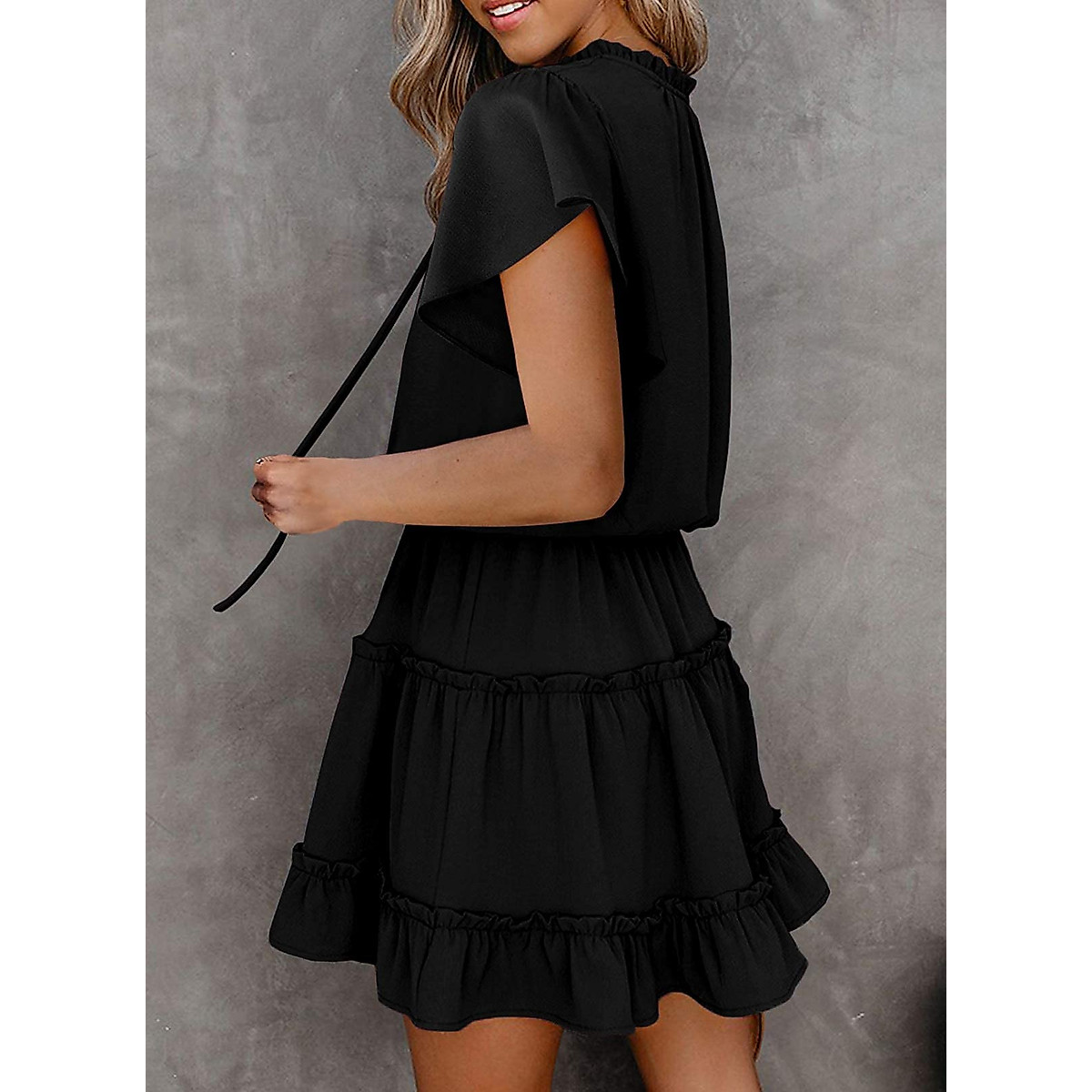 Dokotoo Womens Cute Spring Summer Casual Sexy Deep V Neck Ruffle Chiffon Lantern Short Sleeve Elegant Empire Waist Flowy Mini Short Skirt Dresses for Women Party 2025 Black US 8 10