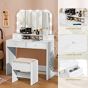 Quimoo Vanity Desk Set with LED Tri-Fold Lighted Mirror & Power Outlet, Makeup Vanity Table with 4 Drawers, Cushioned Stool, for Bedroom, Bathroom, White