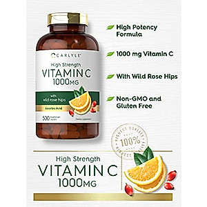 Carlyle Vitamin C 1000mg | 500 Vegetarian Caplets | Ascorbic Acid with Wild Rose Hips | High Strength Formula | Non-GMO and Gluten Free Supplement