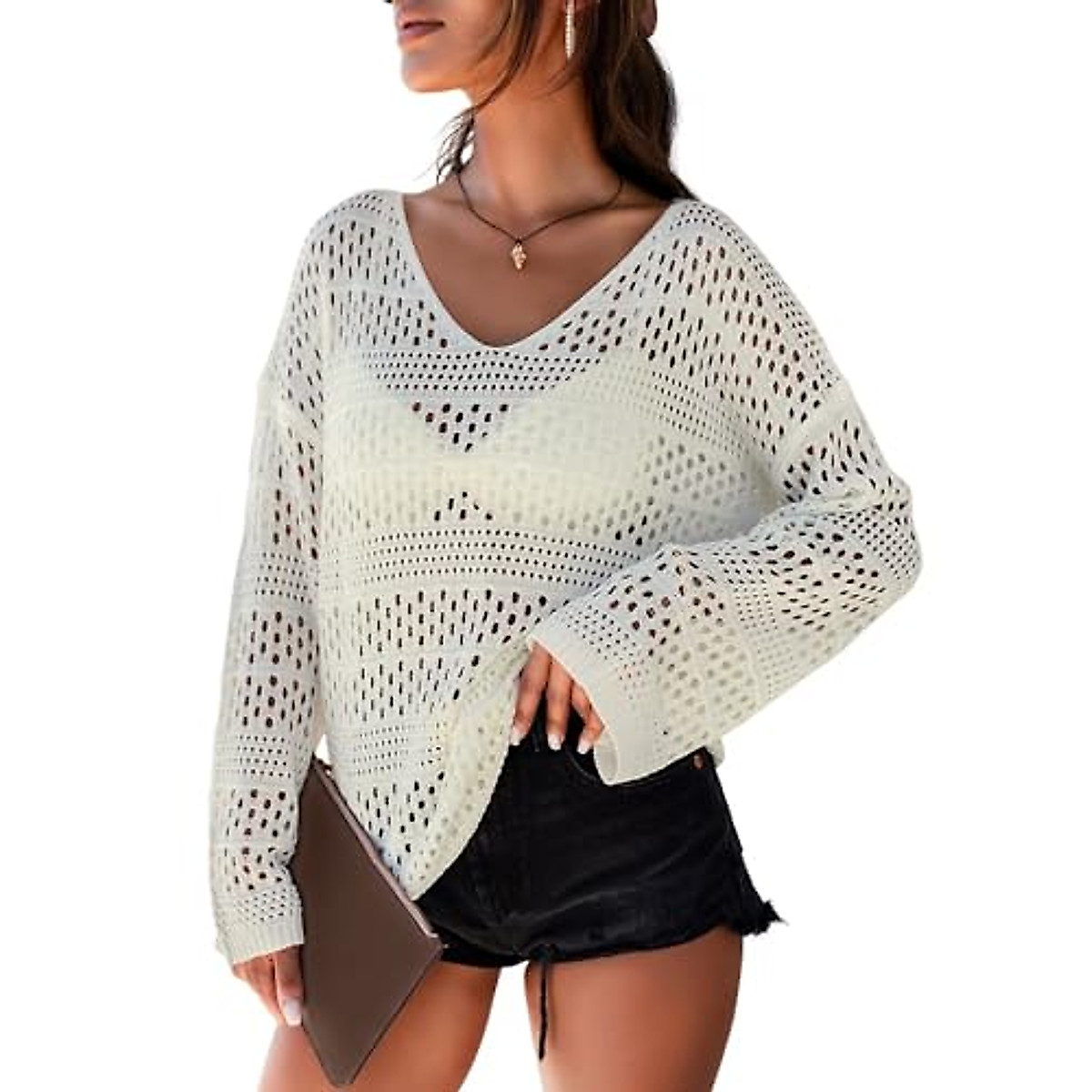 Dokotoo Women's 2023 Spring Summer Crochet Hollow Out Long Sleeve Beach Bikini Swimsuit Mesh Cover Up Tunic Top Apricot M