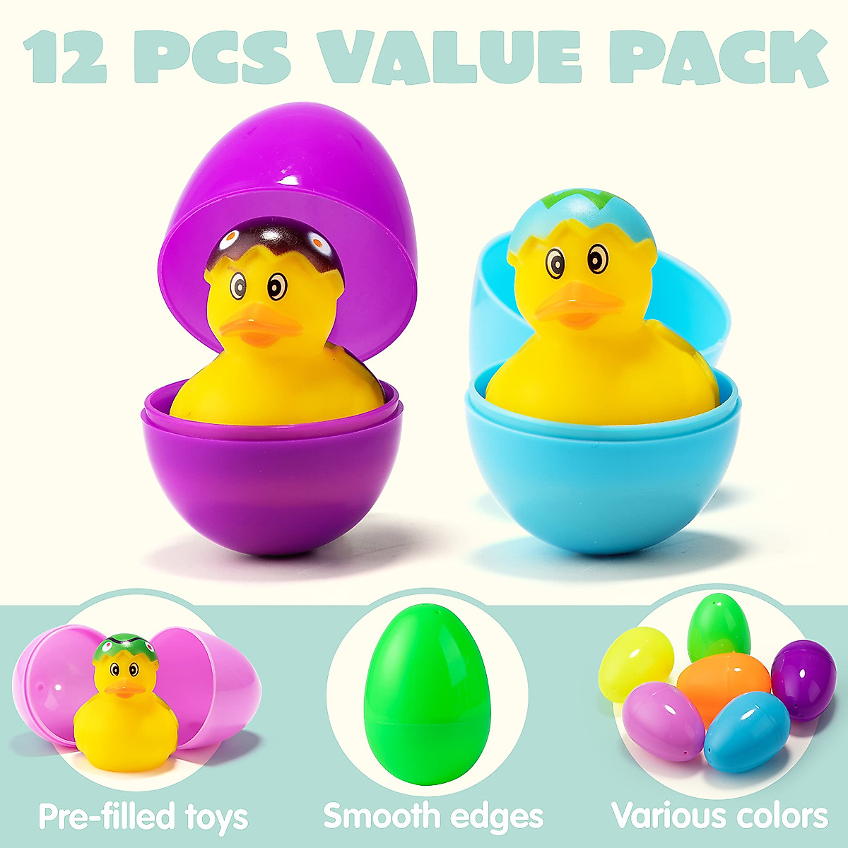 JOYIN 12 PCS Filled Easter Eggs with Rubber Duck and Rabbit Duckies, Bright Colorful Prefilled Easter Eggs for Kids Fun Bath Toys, Basket Stuffers and Party Favors
