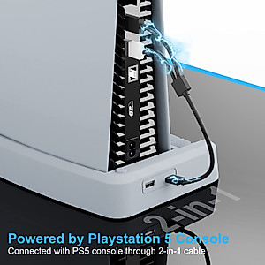 PS5 Vertical Stand Cooling Fan for PS5 Console and Playstation 5 Digital Edition, PS5 Accessories Stand with Dual Controller Charging Station, 2-in-1 Cable and 15 Game Storager