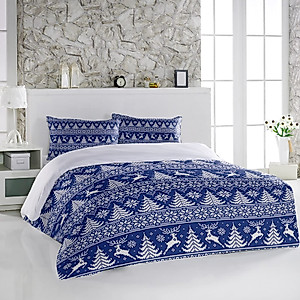 3 Pieces Twin Bedding Duvet Covers Set Winter Geometric Xmas Tree Reindeer Soft Quilt Cover and Pillow Shams, Comforter Cover Sets with Zipper Closure for Bedroom Decor Christmas Ethnic Red Blue