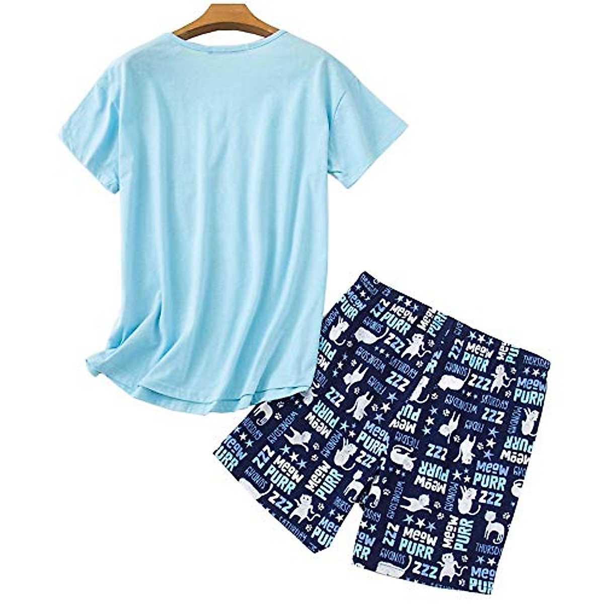 CHUNG Women Short Sleeve Shirt Pajamas Set with Shorts Bottom Pants Cotton V-neck Cute Pjs Sleepwear Lounge Wear Plus Size Summer (Medium, Blue Cat)